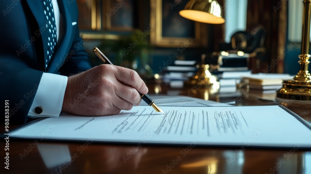 A distinguished individual signs an official document on a polished ...