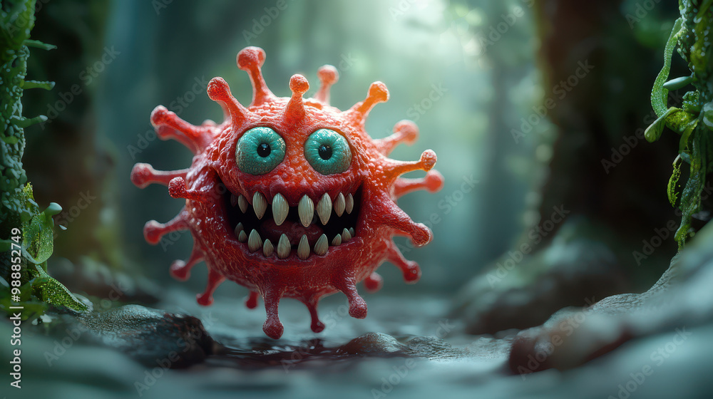 Cute cartoon monster virus with big teeth attacking human cell on ...