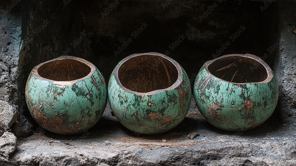 green coconut shells with empty interiors perfect for tropical beach ...