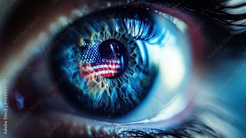 Patriotic Eye Close-up Reflecting American Flag, Symbolizing Unity and ...
