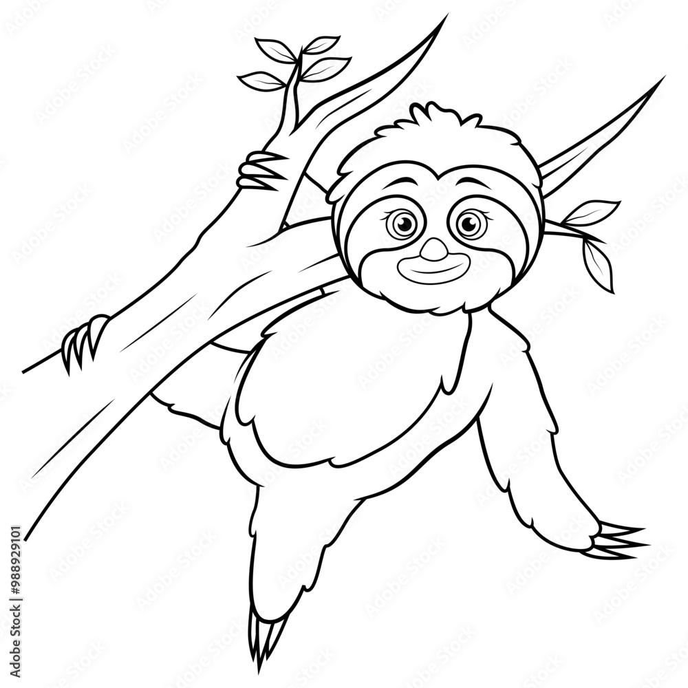 Cartoon sloth hanging on a tree branch line art Stock Vector | Adobe Stock