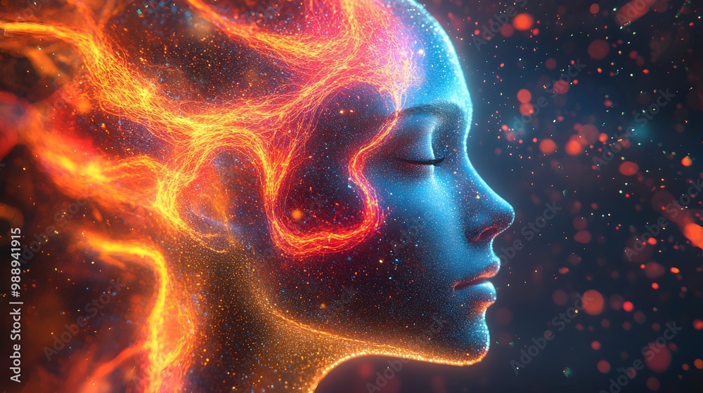 Neural pathways glowing around a person's brain, representing deep ...