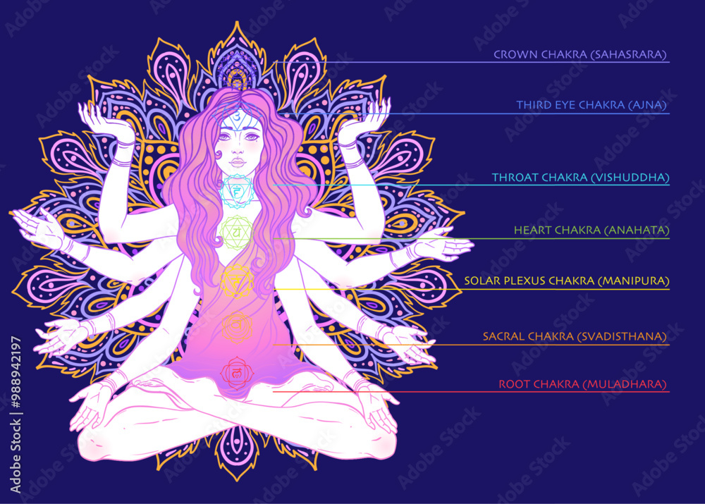 Beautiful woman with long hair and multiple hands sitting in lotus yoga ...