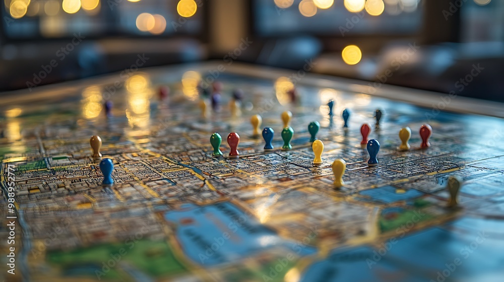 A detailed city map spread out with pins in various sizes and colors ...