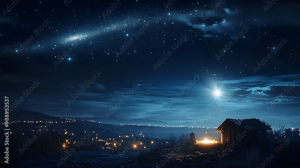 Christmas night. Comet star in night starry sky of Bethlehem. Nativity ...