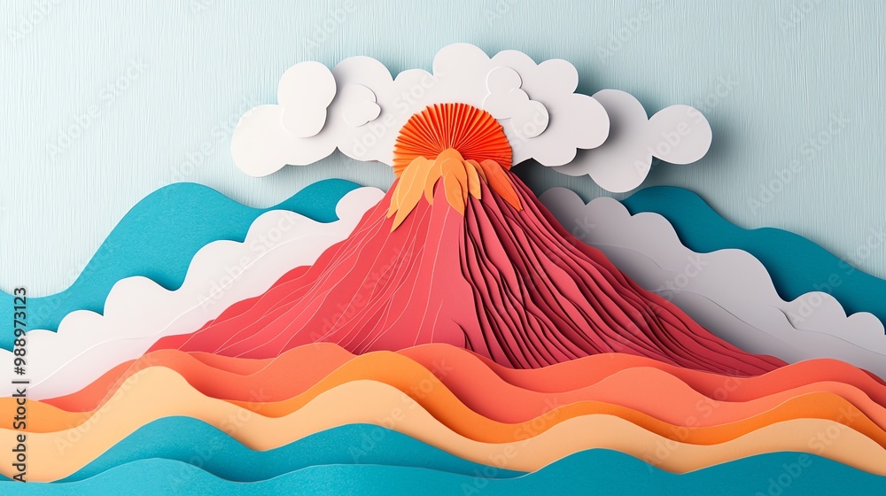 Mount Etna, Italy, erupting volcano with layered landscape, paper craft ...