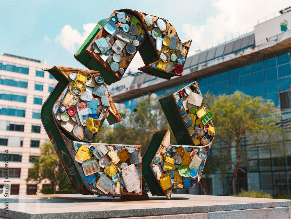 A massive recycling symbol made of unrecyclable materials stands ...