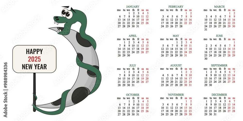 2025 Calendar template design with Snake. Flat style vector Calendar ...