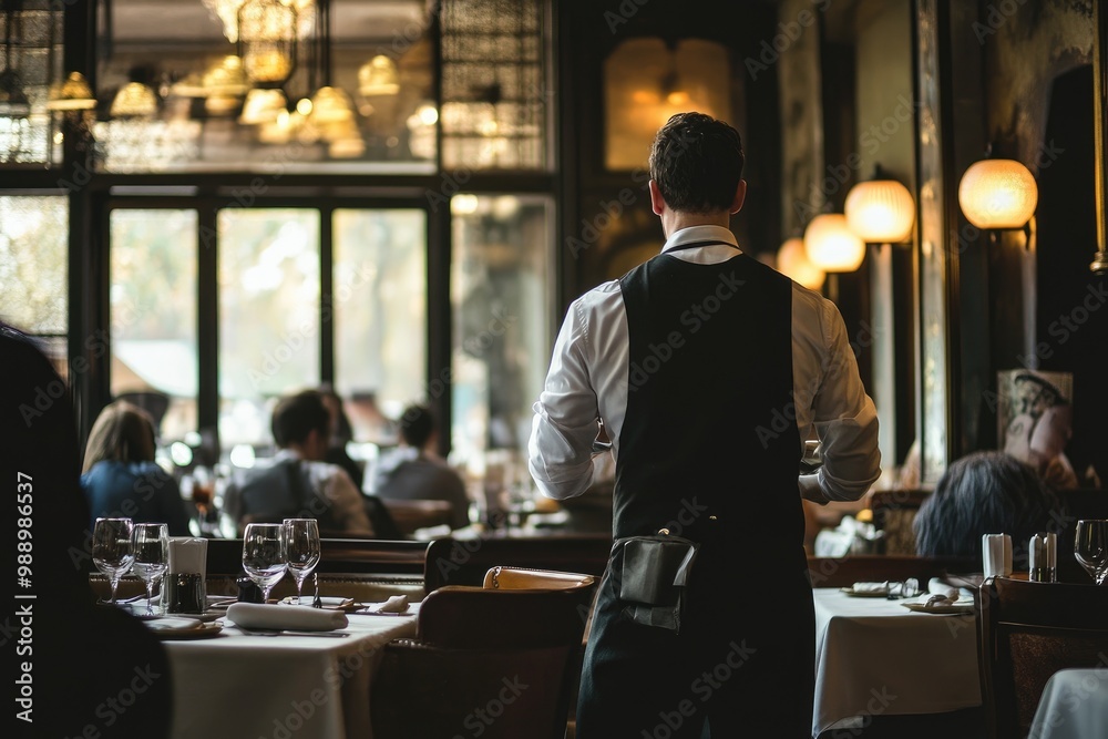 Waiter walking through restaurant dining room serving customers Stock ...