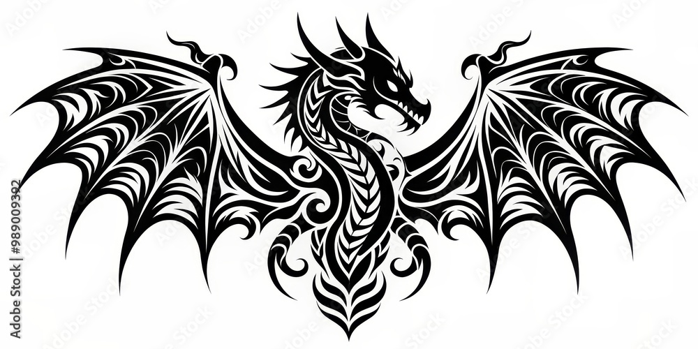 Tribal Dragon Tattoo Design, Black and White, Winged, Mythical Creature ...