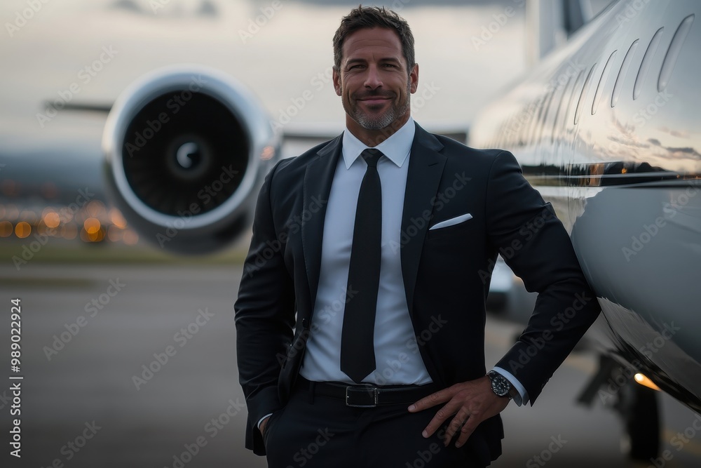 A sharp-dressed pilot poses in front of an airplane during dusk ...