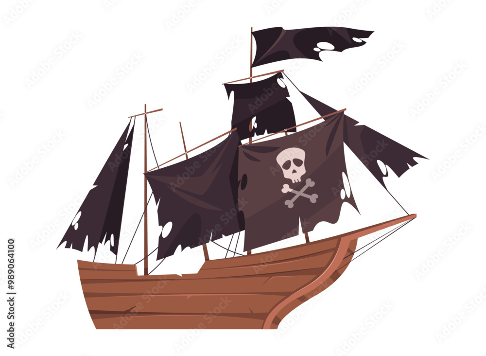 Wrecked old pirate wooden ship with weathered flags. Vector shipwreck ...