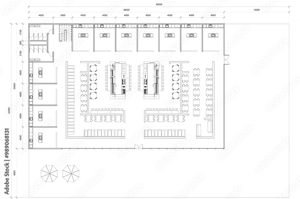 2D top view floor plan of a canteen or food court with detailed ...
