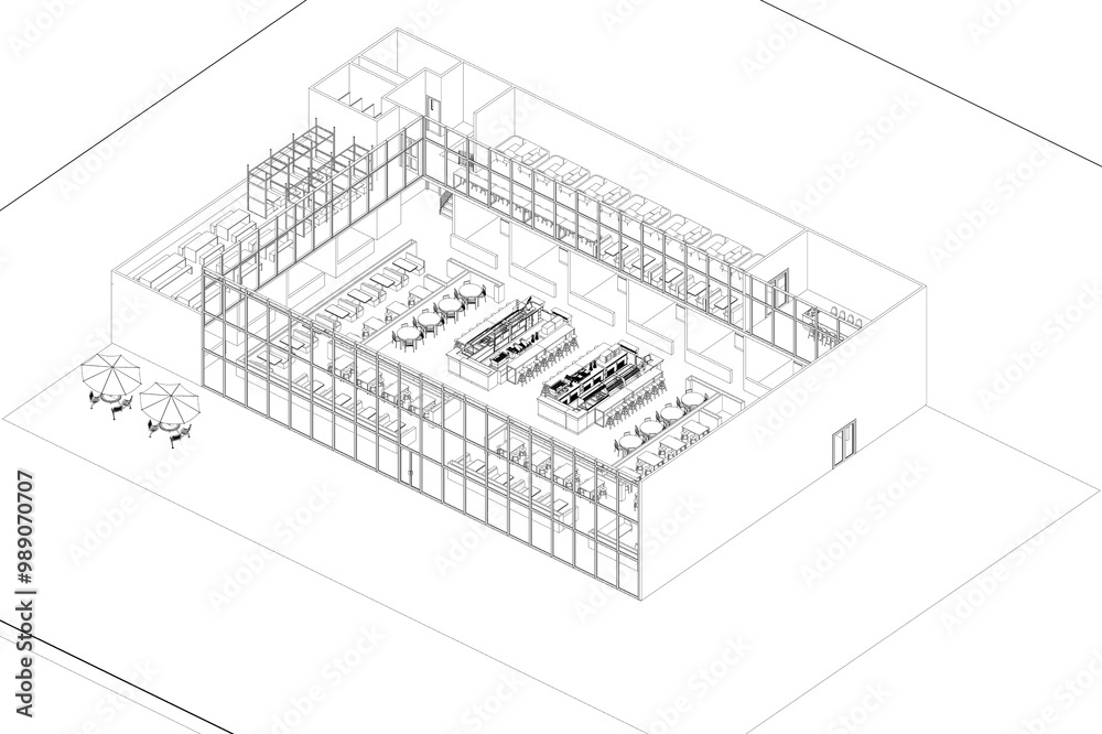 3D axonometric illustration of a canteen, food court, or food bazaar ...