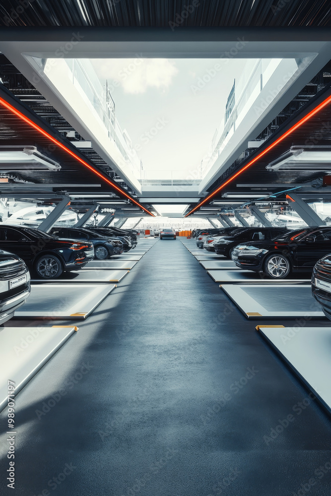 A modern high tech parking lot featuring an advanced robotic parking ...