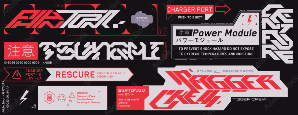 Cyberpunk decals set. Set of vector stickers and labels in futuristic ...