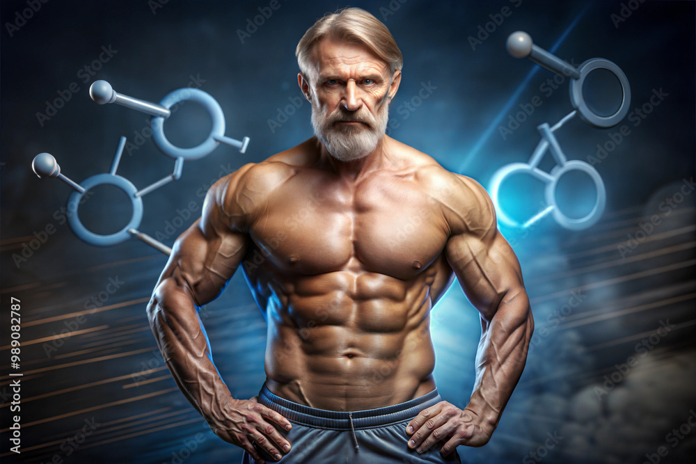 Testosterone replacement therapy. A muscular middle-aged torso man half ...