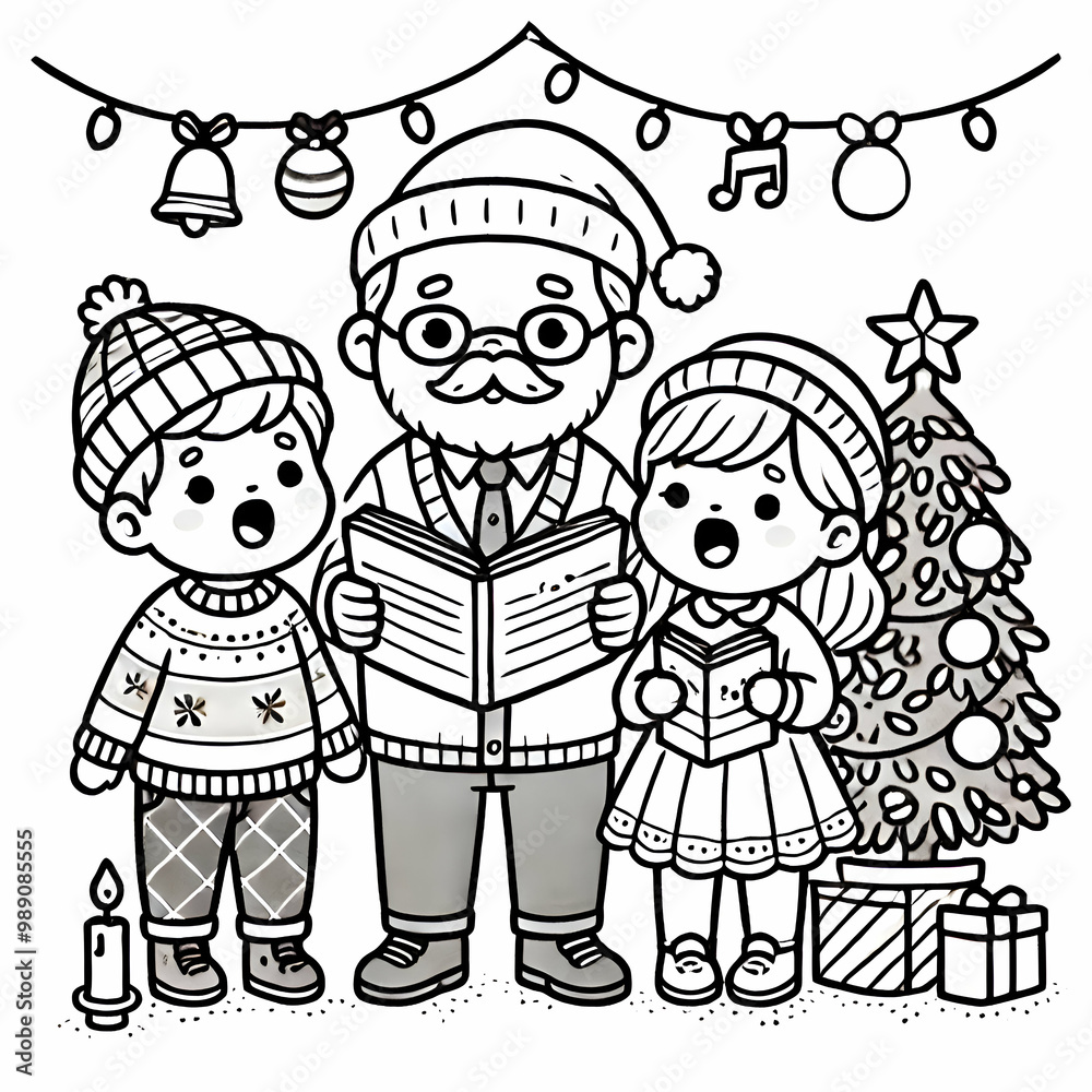 Family Christmas Caroling with Tree and Decorations Coloring Page ...