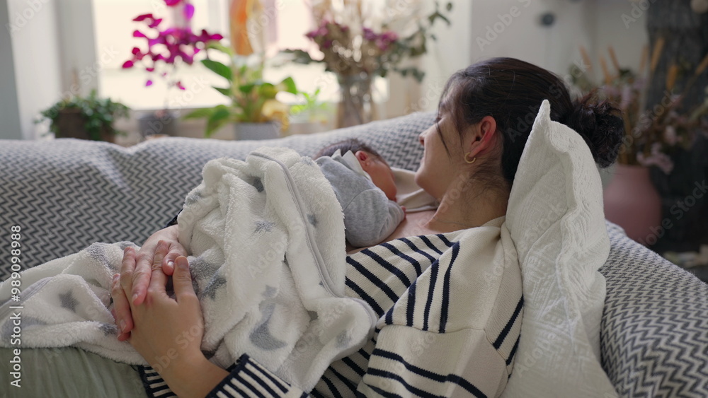 Mother resting on a couch while holding her newborn baby close ...