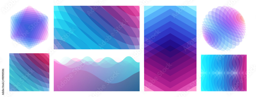Set of various overlapping elements. Sphere. Abstract wavy background with dynamic effect. Sea ...