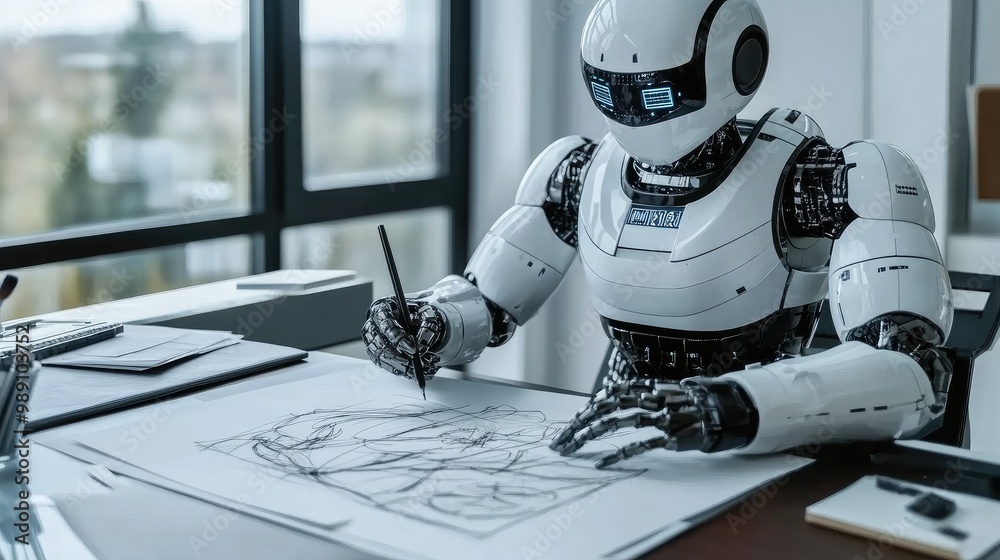 Humanoid AI robot artist seated at a desk, drawing a masterpiece on ...