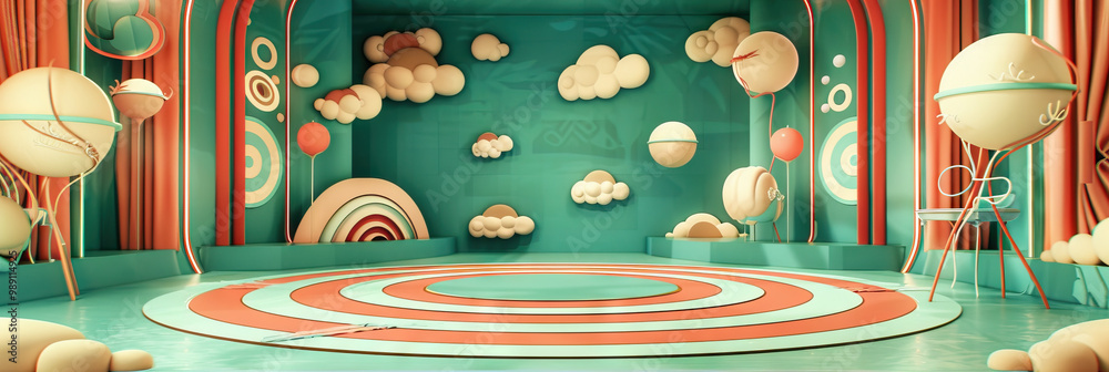 A retro game show set, harkening back to the 1950s, in shades of teal ...