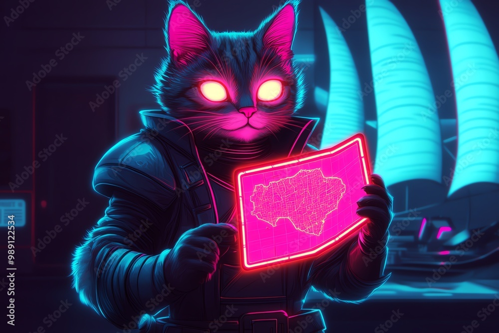 18 Synthwave pirate cat holding a glowing map, standing on a futuristic ...