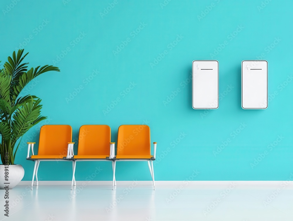 Hospital waiting room with biometric check-in system, sleek and secure ...