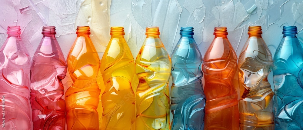 A lineup of colorful plastic bottles, varied in hues from purple to ...