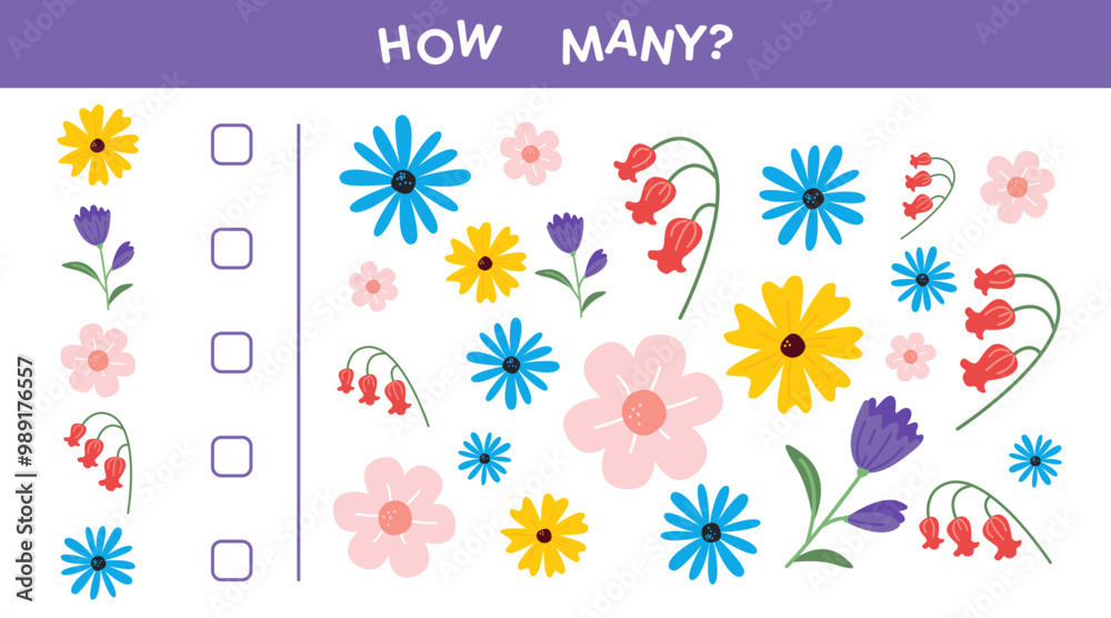 Counting game for kids. Count how many flowers. Mathematical game ...