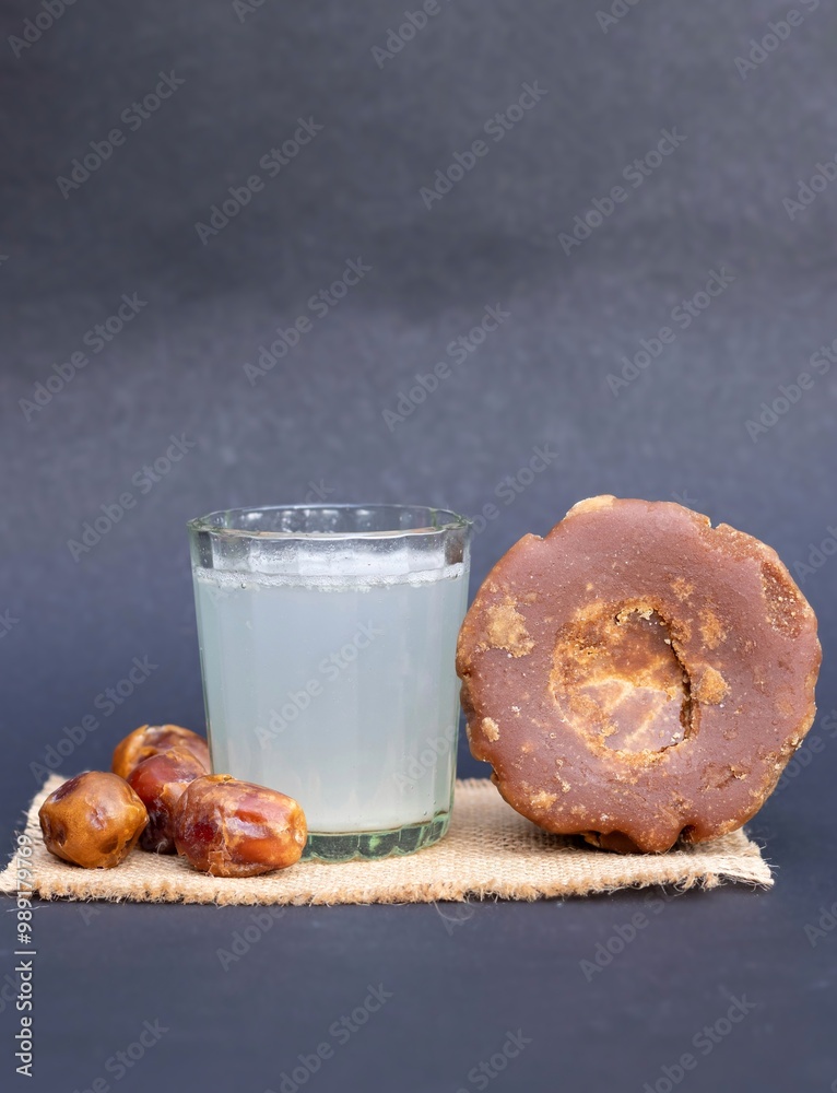 Date Palm Juice or Khejur Ras and Date Palm Jaggery and Fruit Isolated ...