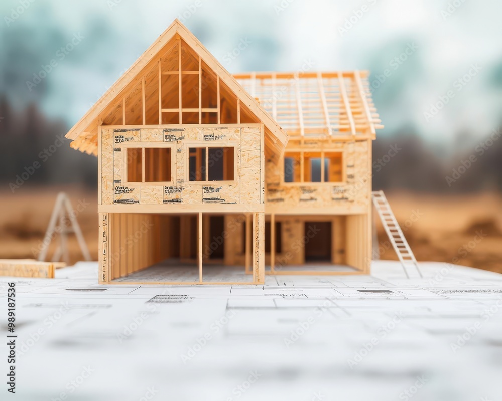 Two-story house under construction with scaffolding and ladders ...