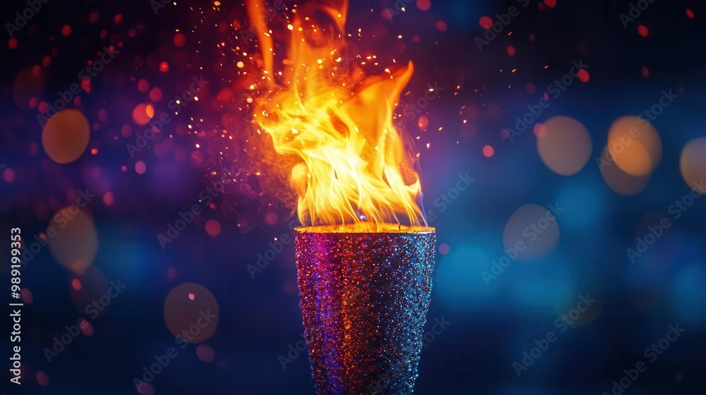 olympic torch flame burning brightly against blurred stadium background ...