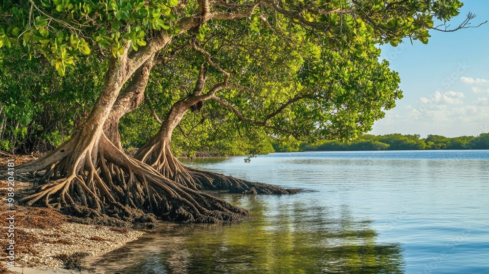 mangrove trees growing along a coastal area, with their exposed roots ...