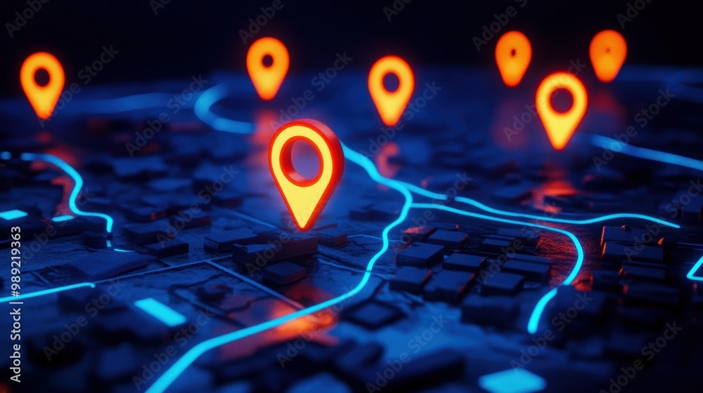 Abstract rendering of a map with multiple glowing markers indicating ...