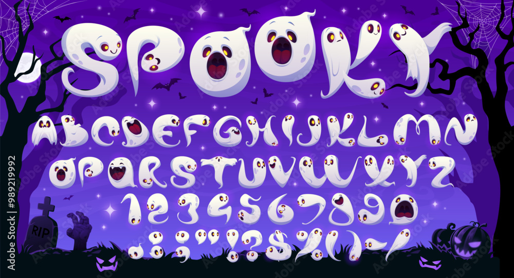 Vector de Stock Cartoon Halloween ghosts font, spooky scary typeface ...