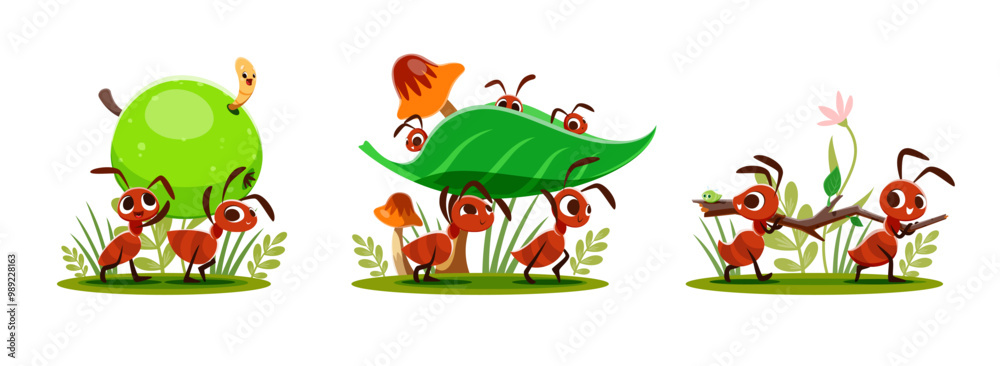 Cartoon ants animal characters carrying apple, stick and leaf. Cute ...