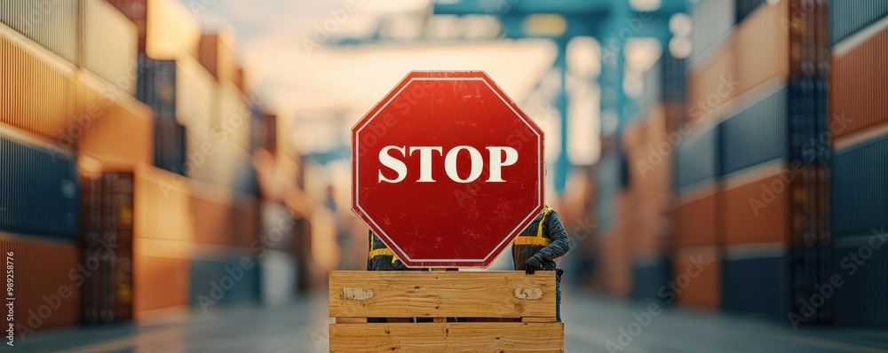 Customs officers blocking a cargo ship with a giant red stop sign ...