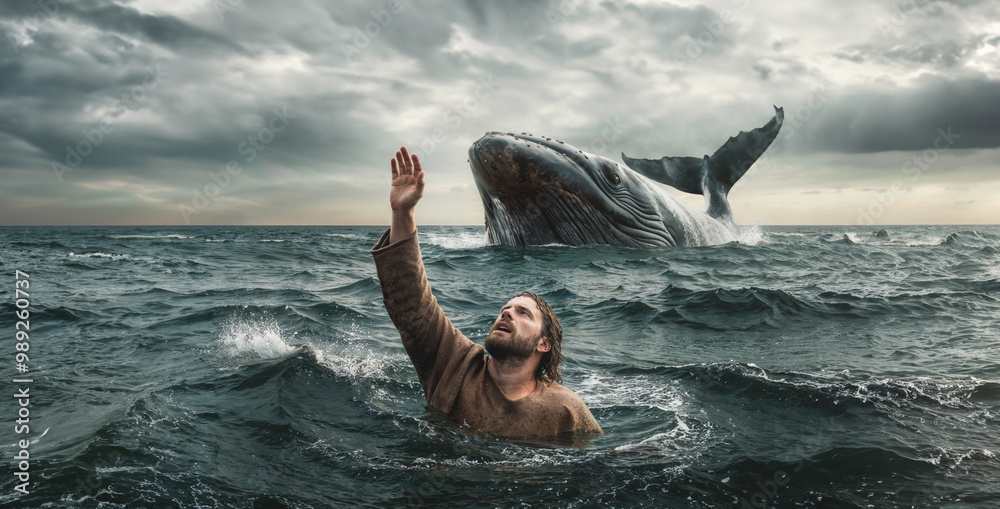 Foto de Stock Jonah and the Whale. Jonah drowning after he fell off the ...