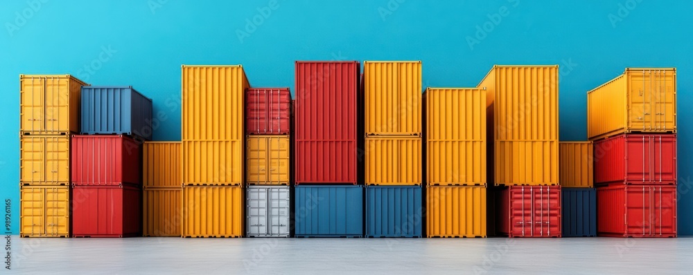 Shipping containers blocked by a towering wall of tariffs, representing ...