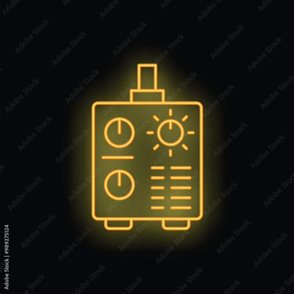 Yellow glowing neon icon of an inverter welding machine with a control ...