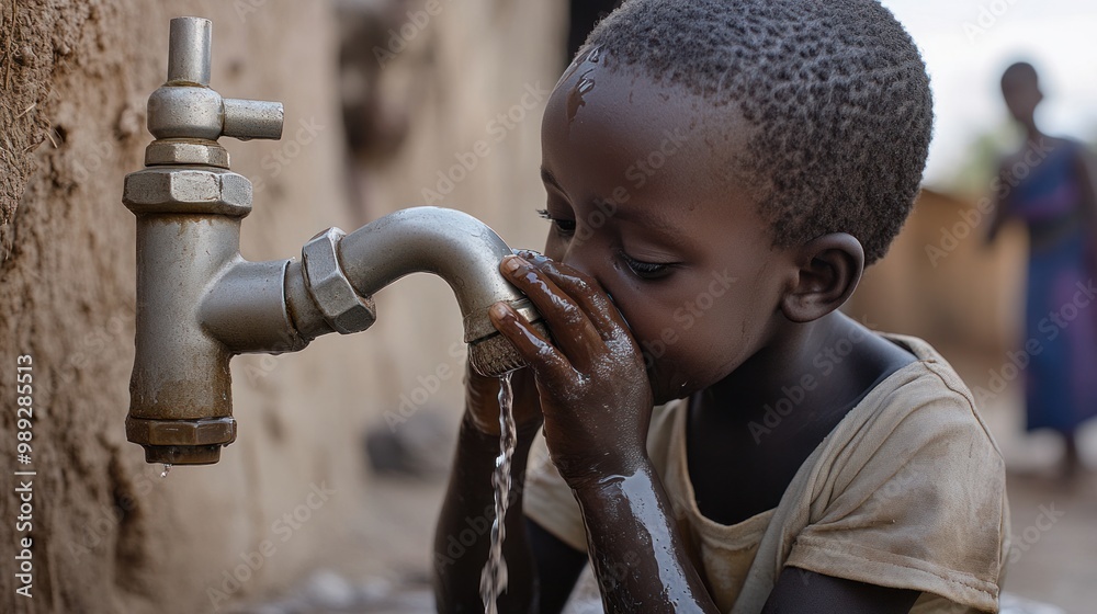African boy drinking from a faucet with his hands in a drought-affected ...