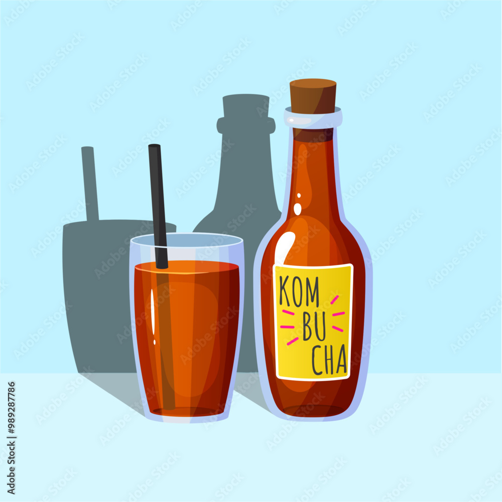 Kombucha bottle. Fermented tea. Antioxidant diet lemonade. Drink glass ...