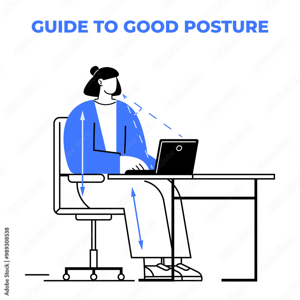 Person seated at desk with laptop, demonstrating correct sitting ...