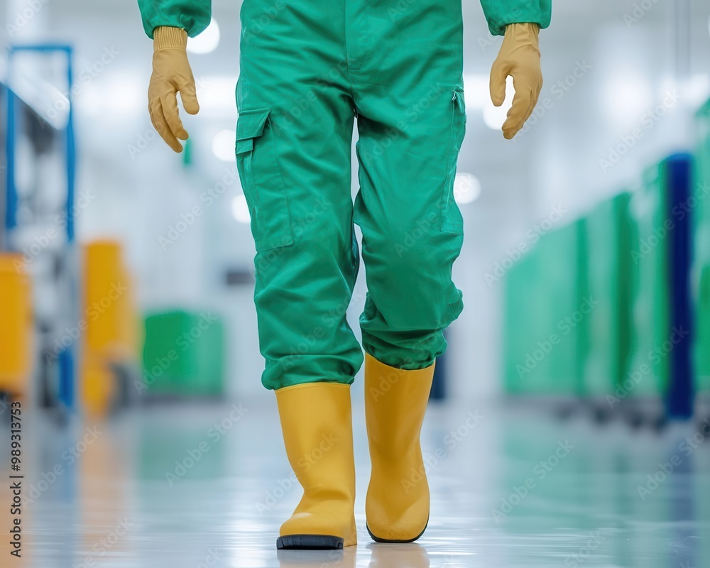Worker cleaning and sanitizing a factory floor, Industrial hygiene ...