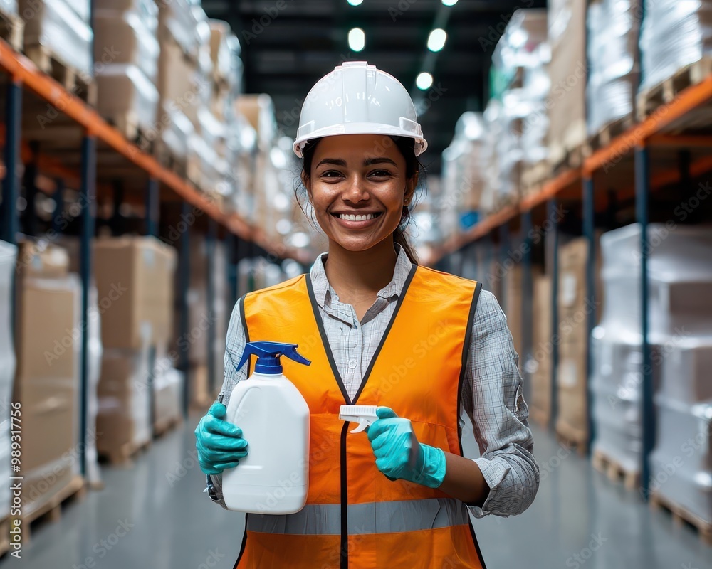 Employee in a warehouse using a disinfectant sprayer, Industrial ...