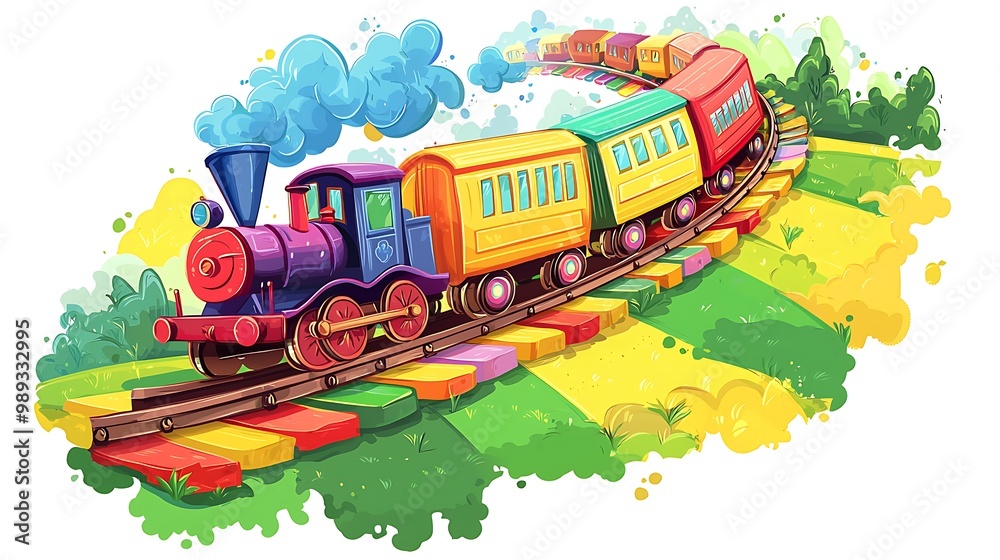 Whimsical Cartoon Train Adventure - Colorful Vector Illustration for ...