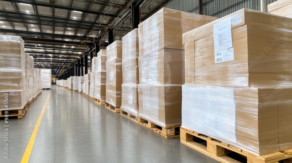 Stack of pallets with products wrapped in plastic in a warehouse, ready ...