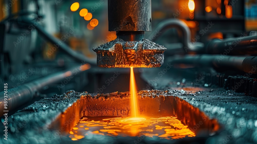 Molten metal being poured into molds. Metal melting in furnaces at a ...
