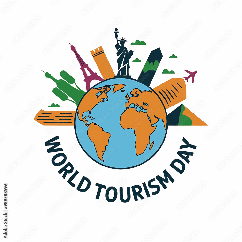 Illustration of a globe surrounded by iconic travel elements ...